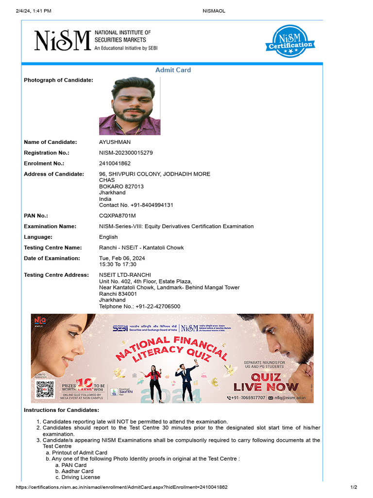 Nism Admit Card | Download Free PDF | Computing