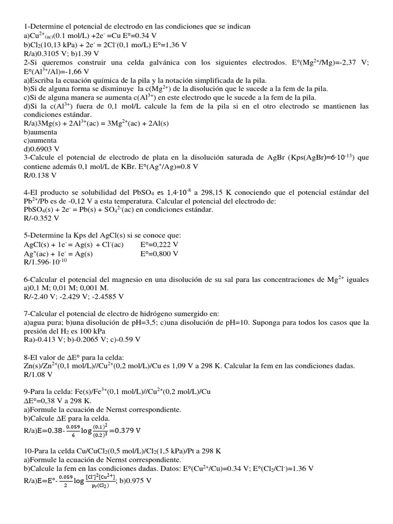 Ejercicios Electroquimica | PDF | Física Aplicada e Interdisciplinaria | Ciencias fisicas
