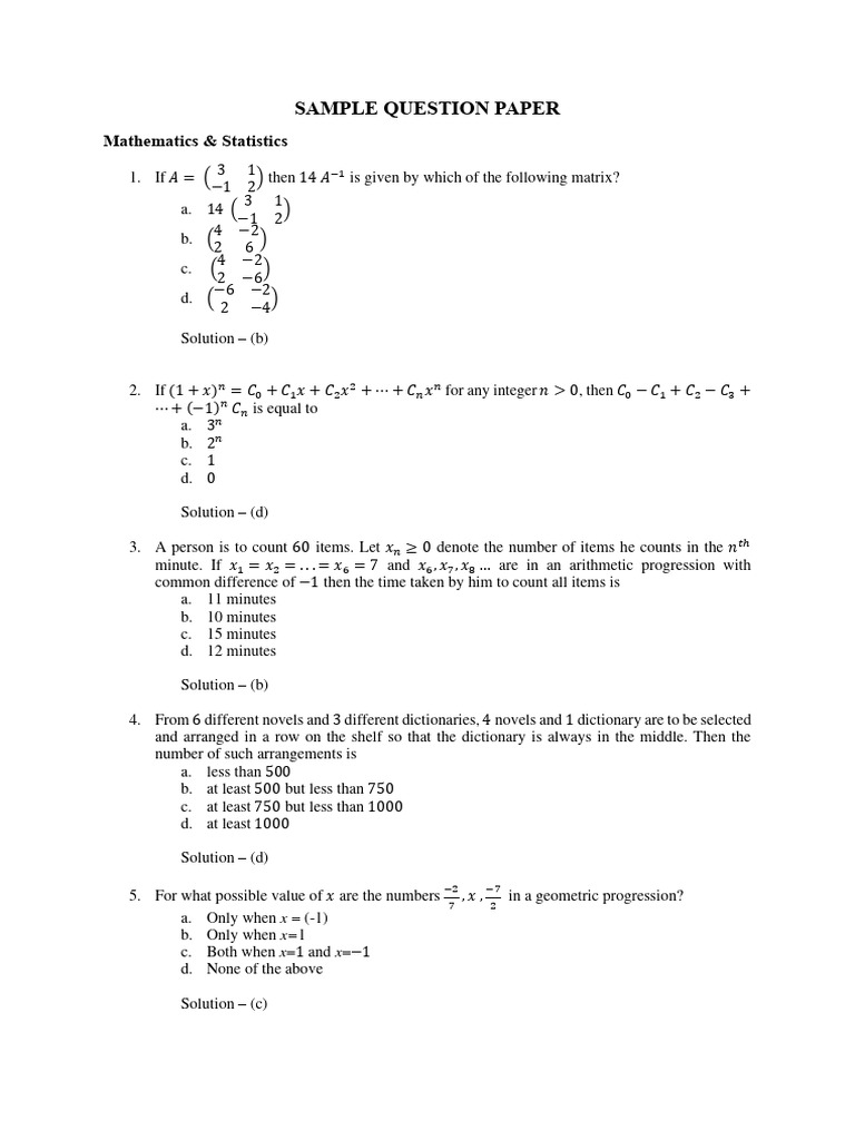 MSC Sample Question Paper 2023 24 | PDF | Determinant | Numbers