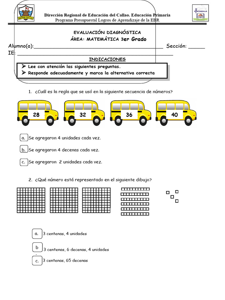 Evaluación Diagnóstica Matemática 3er Grado | PDF