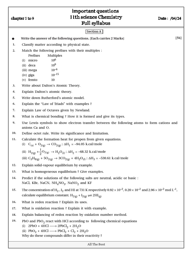 Class 11 Physics Important Questions | PDF | Chemical Bond | Chemical ...