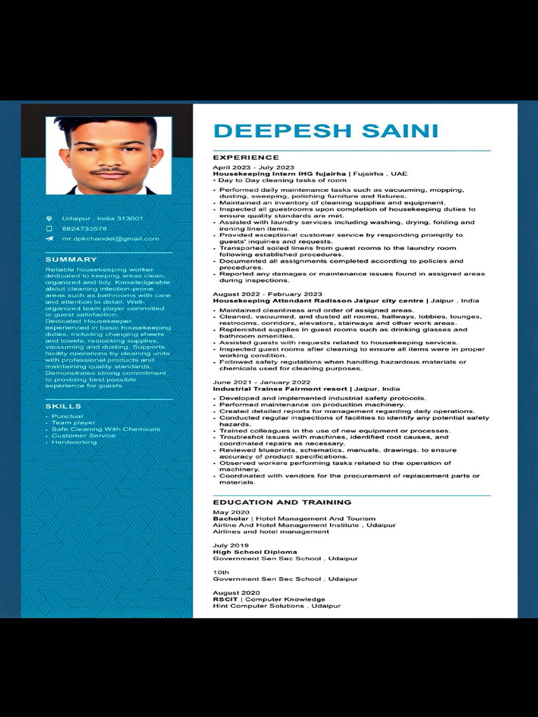 Deepesh Saini HK CV | PDF | Housekeeping | Safety