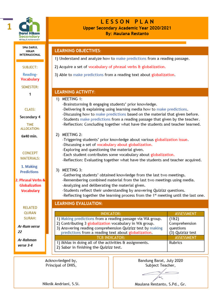 Lesson Plan Sec. 4 Reading-Vocabulary | PDF | Reading Comprehension ...