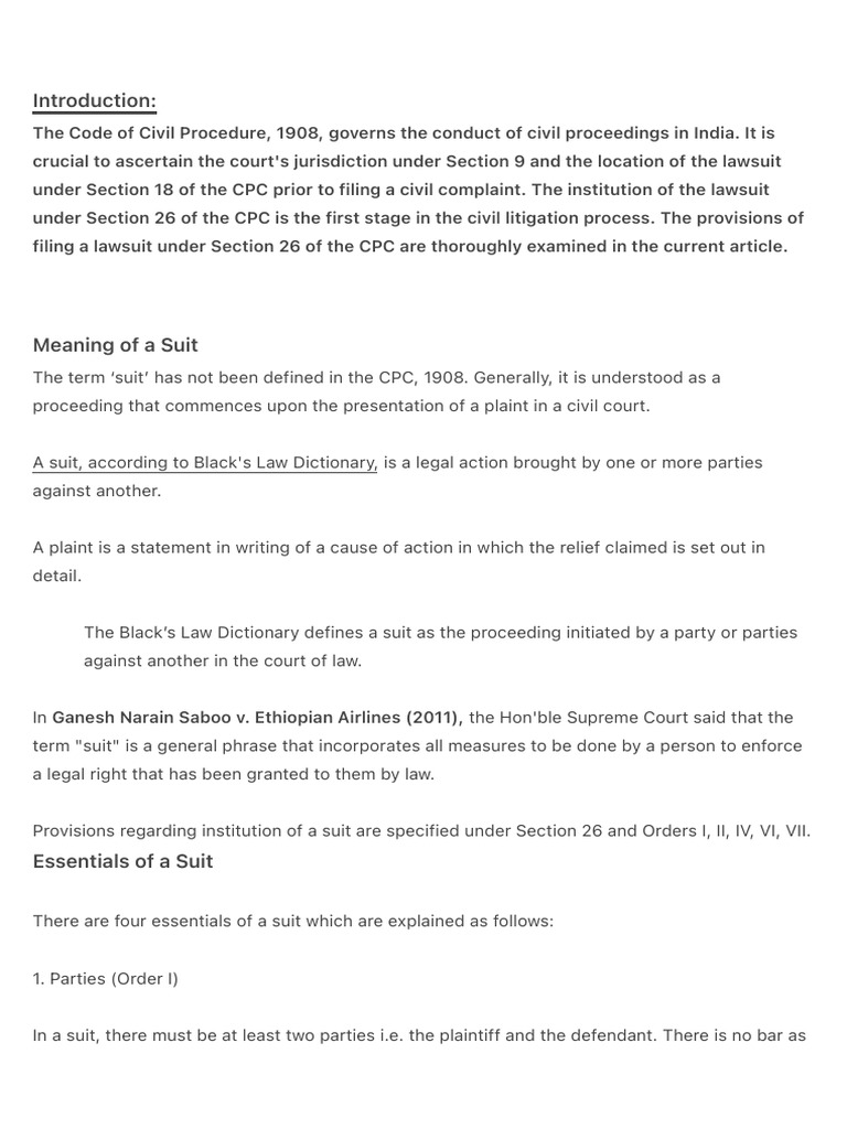 Essentials of a Legal Suit in CPC | PDF | Lawsuit | Pleading