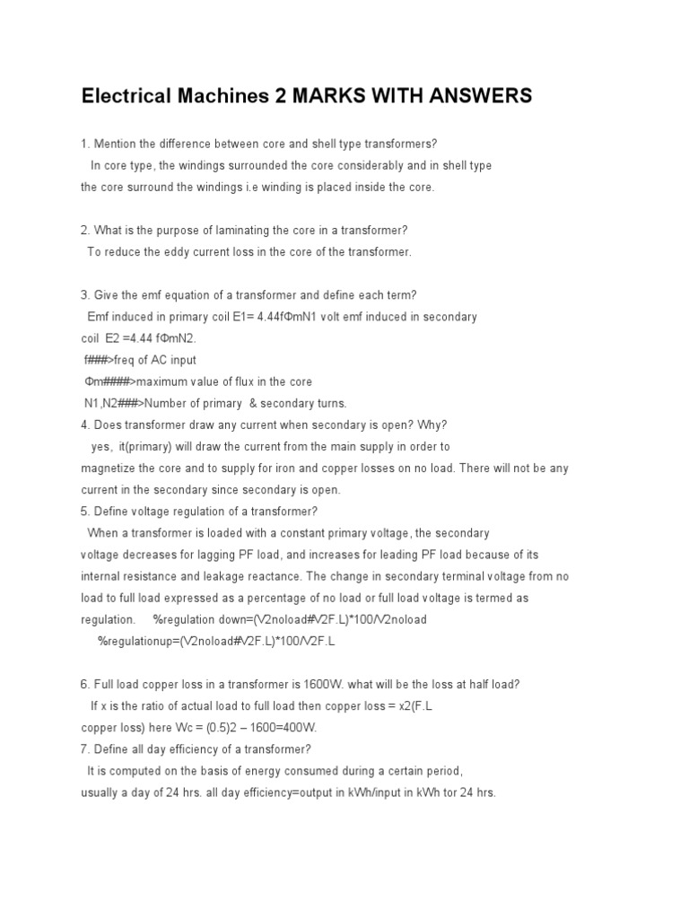 Electrical Machines 2 MARKS | PDF | Transformer | Electric Motor