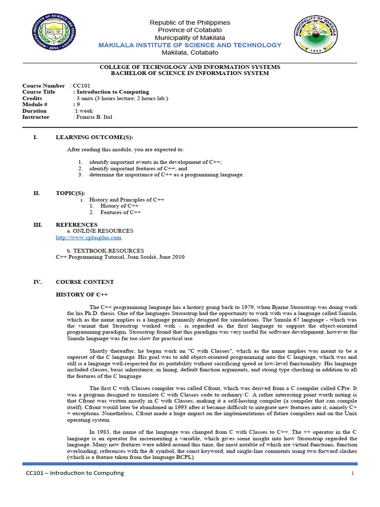 CC 101 Module 9 Students | PDF | C++ | Object Oriented Programming