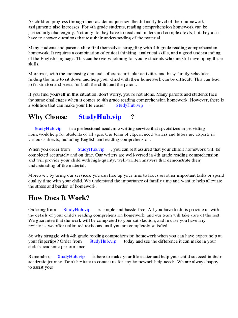 Reading Comprehension Homework 4th Grade | Download Free PDF | Reading ...