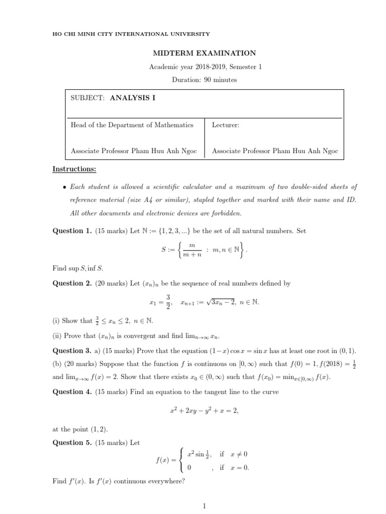 Analysis I Midterm Exam 2018-19 | PDF