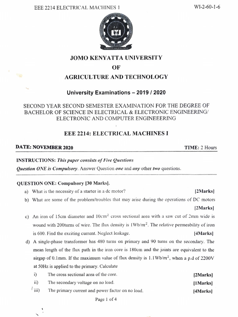 EEE 2214 Electrical Machines I Exam Paper | PDF | Electric Motor ...