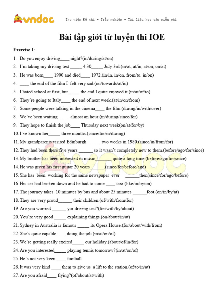 IOE Exam Prepositions Practice | PDF | Language Arts & Discipline