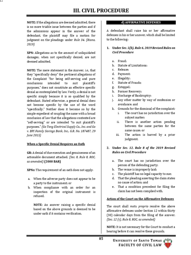 Civil Procedure: Affirmative Defenses Guide | PDF | Complaint | Summons