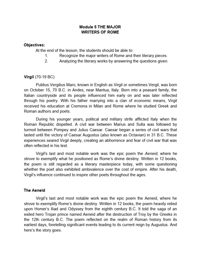 Major Roman Writers and Their Works | PDF | Virgil | Aeneas