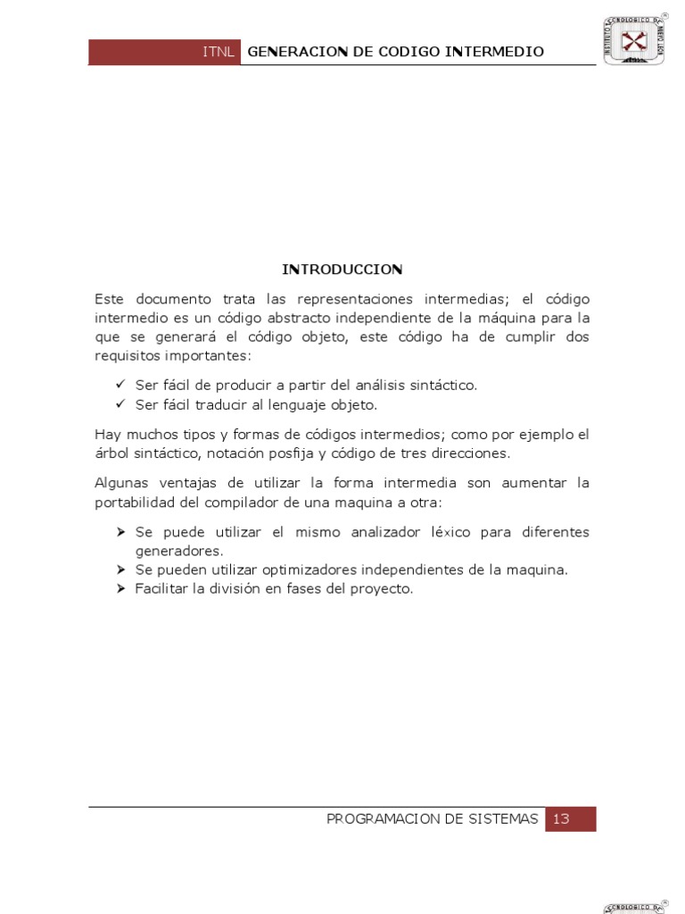 Generacion de Codigo Intermedio Entregar | PDF | Compilador ...
