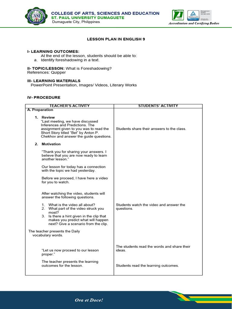 Foreshadowing - Lesson Plan | PDF | Lesson Plan | Cognition