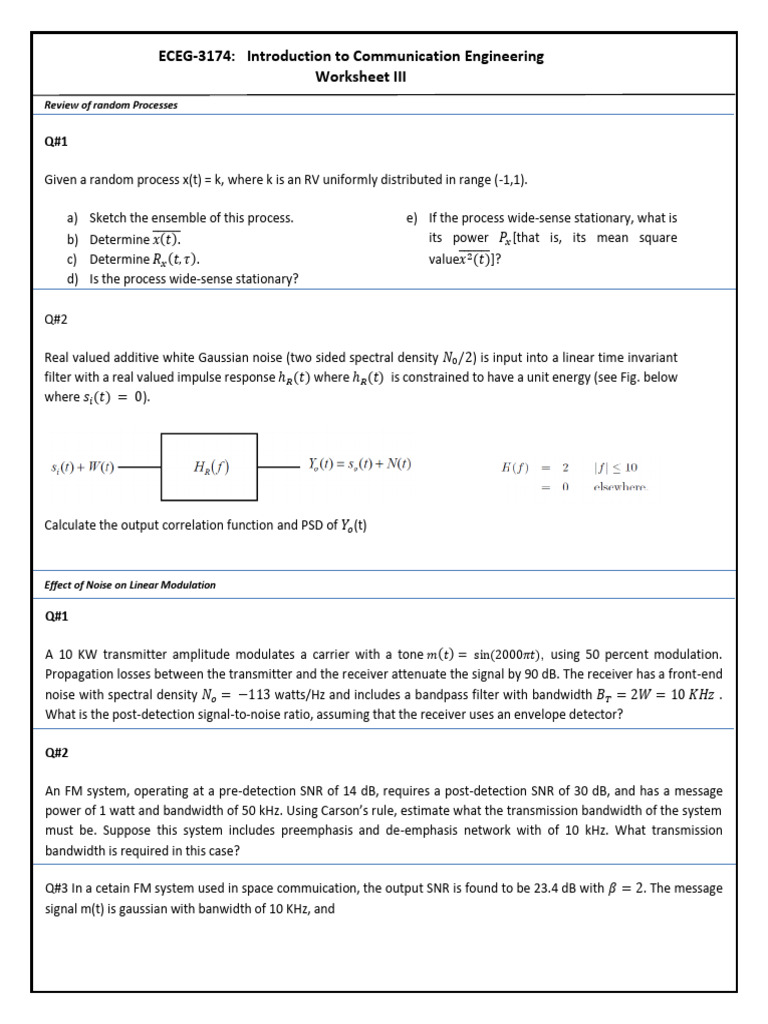 Worksheet III | PDF | Signal To Noise Ratio | Bandwidth (Signal Processing)