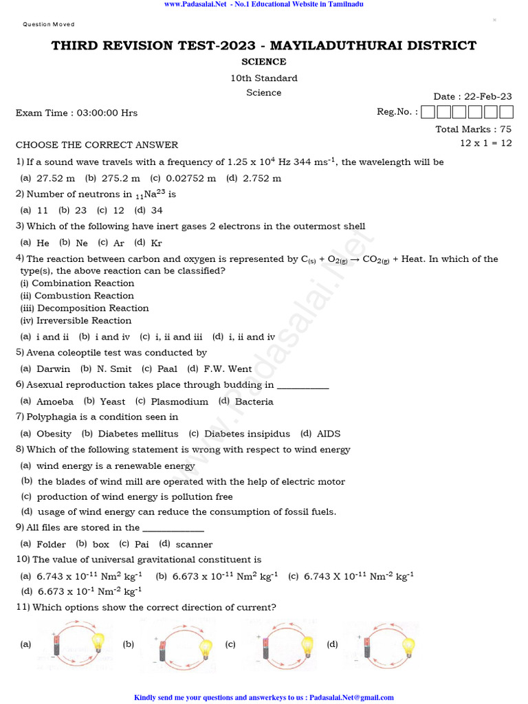 10th Standard Science Revision Test 2023 | PDF | Chemistry