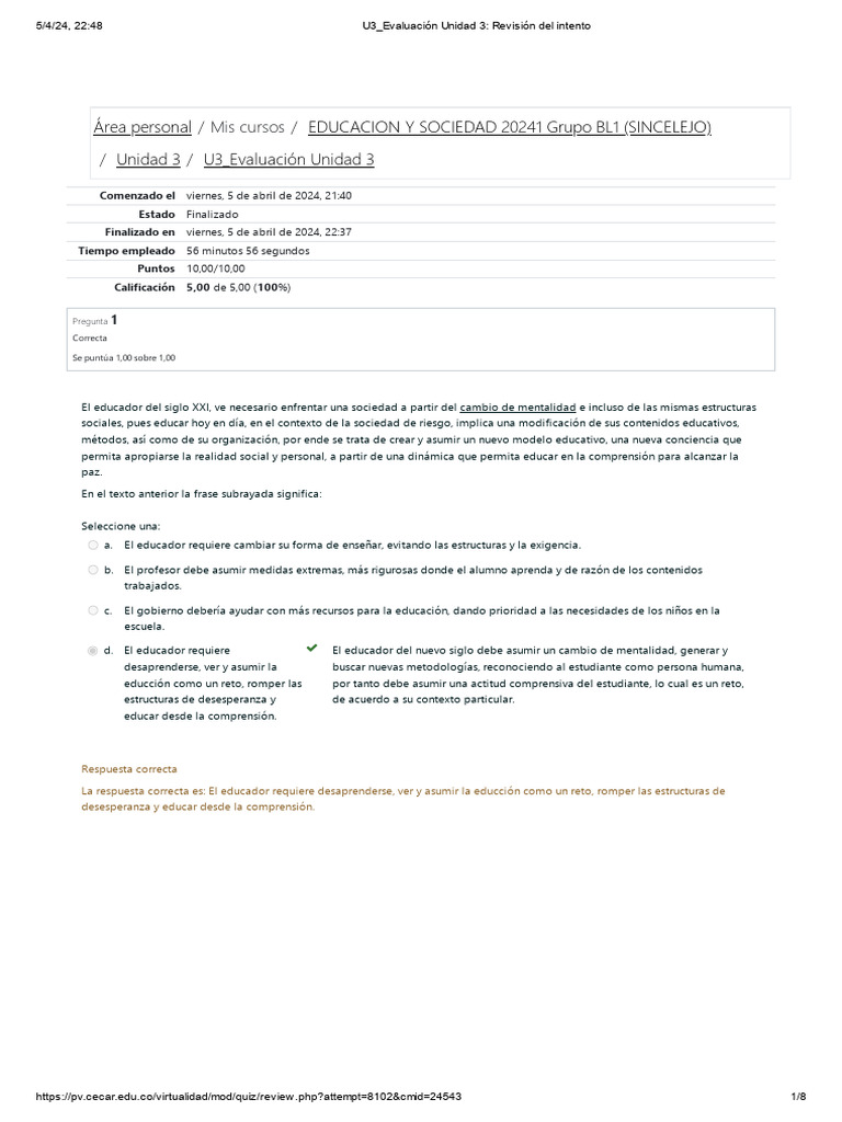 U3 - Evaluación Unidad 3 - Revisión Del Intento | PDF | Sociedad | Maestros U3 - Evaluación Unidad 3 - Revisión Del Intento | PDF | Sociedad | Maestros