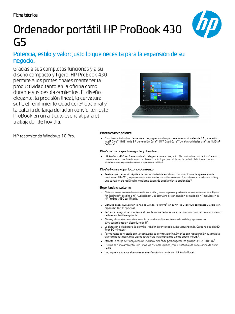 HP_ProBook_430_G5 | PDF | Microprocesador | Windows 10