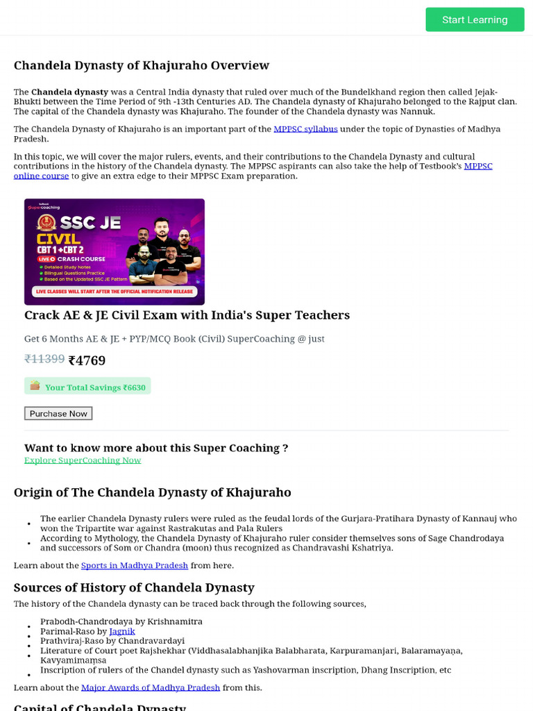 Chandela Dynasty, Founder, Rulers, Capital & Their Contribution! | PDF