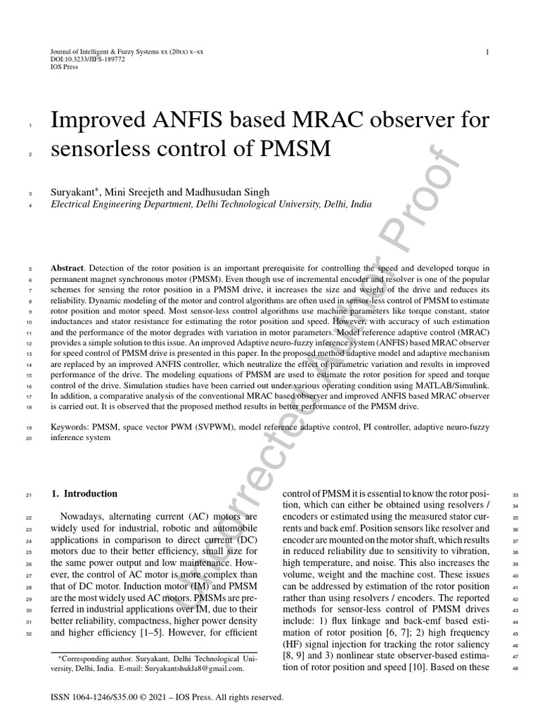 Improved ANFIS Based MRAC Observer For Sensorless Control of PMSM | PDF | Electric Motor ...