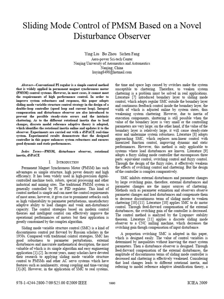 Sliding Mode Control Of Pmsm Based On A Novel Disturbance Observer Pdf Control Theory