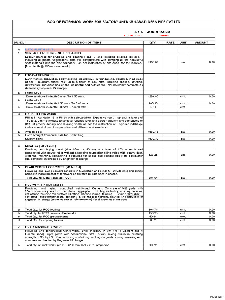 Boq of Extension Work For Factory Shed-Gujarat Infra Pipe PVT LTD | PDF ...