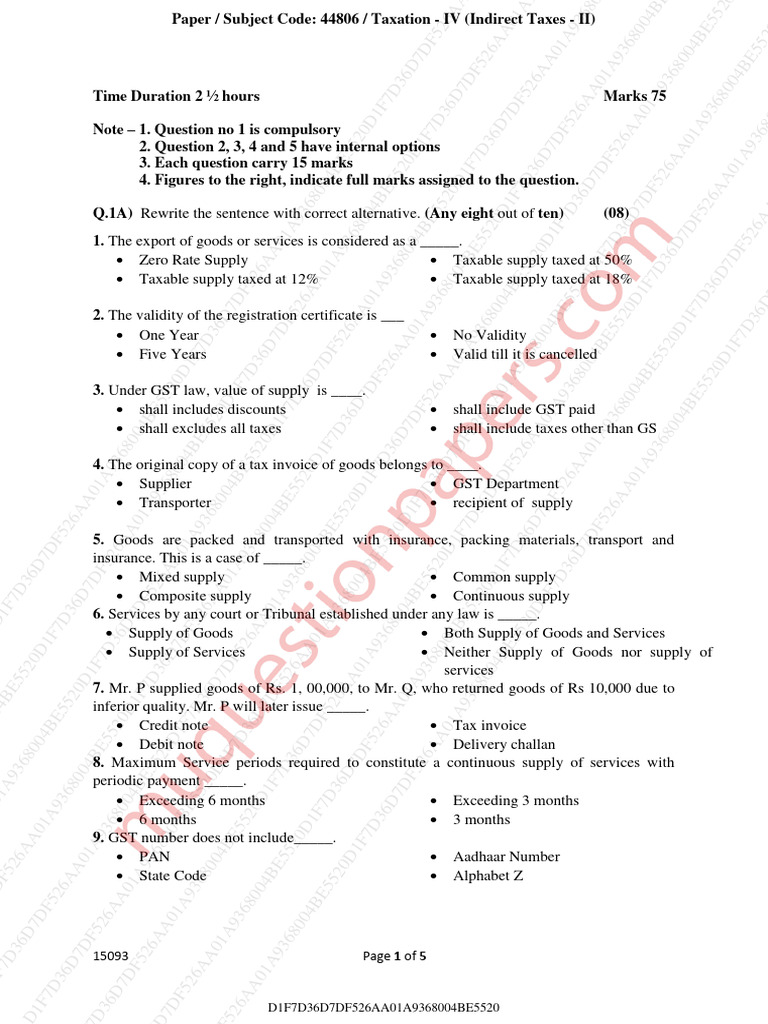 Commerce - Bcom Accounting and Finance - Semester 5 - 2023 - April - Taxation IV Indirect Taxes ...