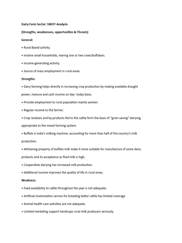 SWOT ANALYSISDairy Farm | Download Free PDF | Swot Analysis | Dairy Farming