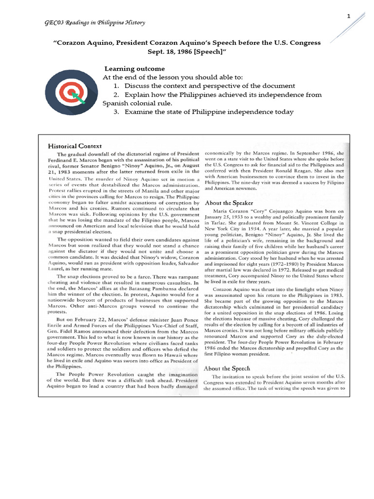 Speech C. Aquino First Mass First Cry Cavite Mutiny | PDF | Corazon ...