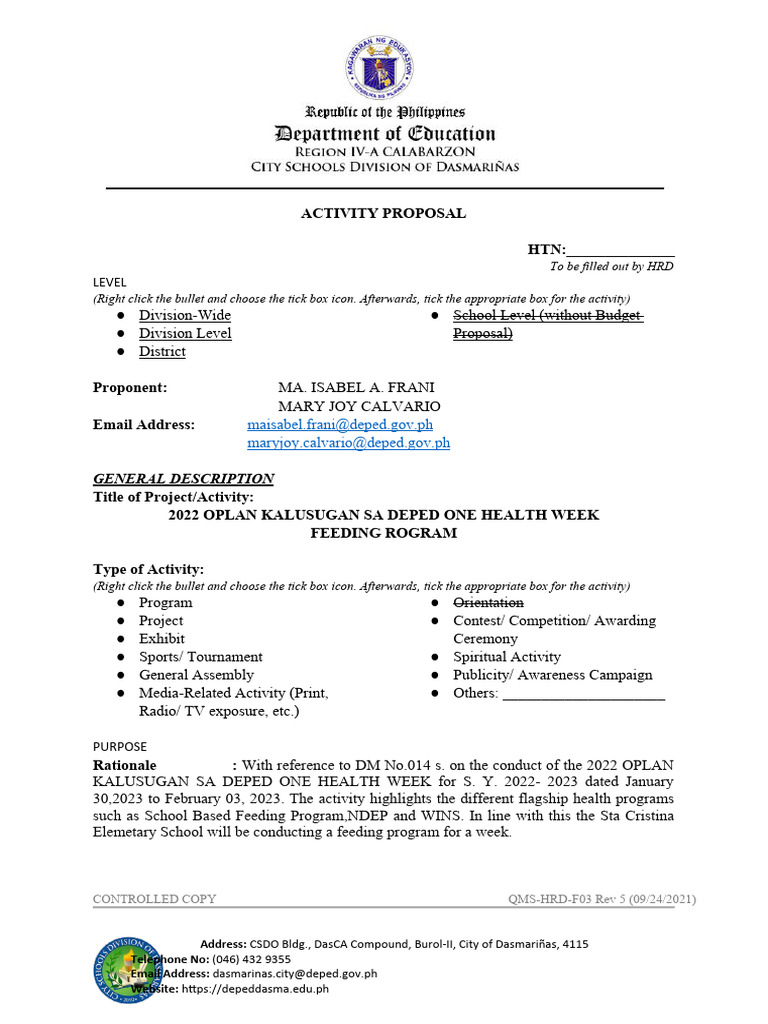 Activity Proposal One Health Week SBFP | PDF