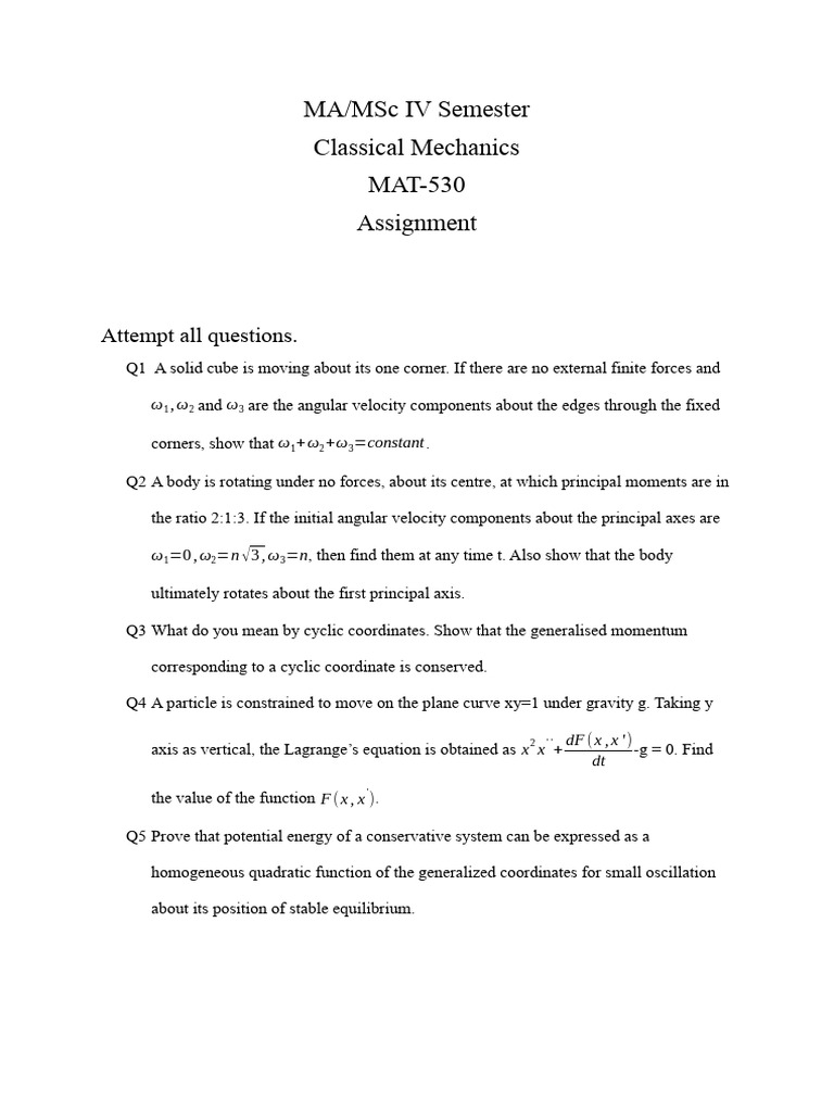 Assignment and Project Classical Mechanics | PDF