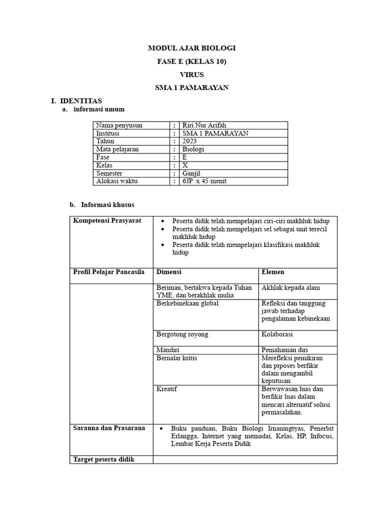 MODUL AJAR Virus Rii2 SSTT | PDF | Pengembangan Diri
