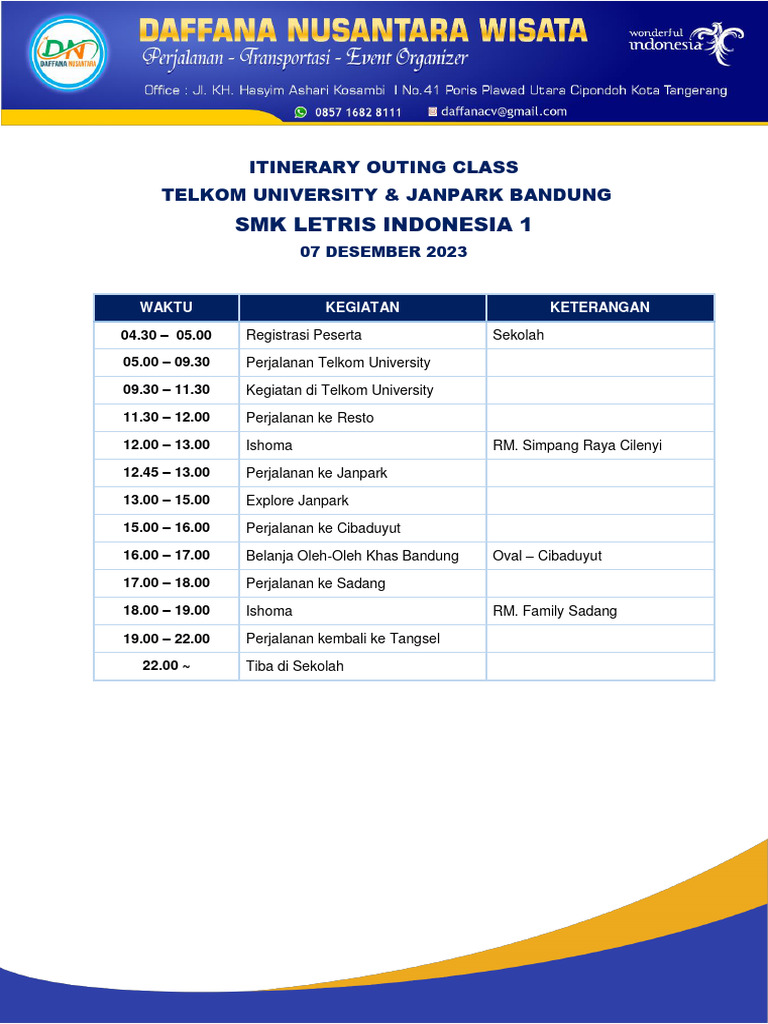 Itinerary Outing Class - Letris 1 | PDF
