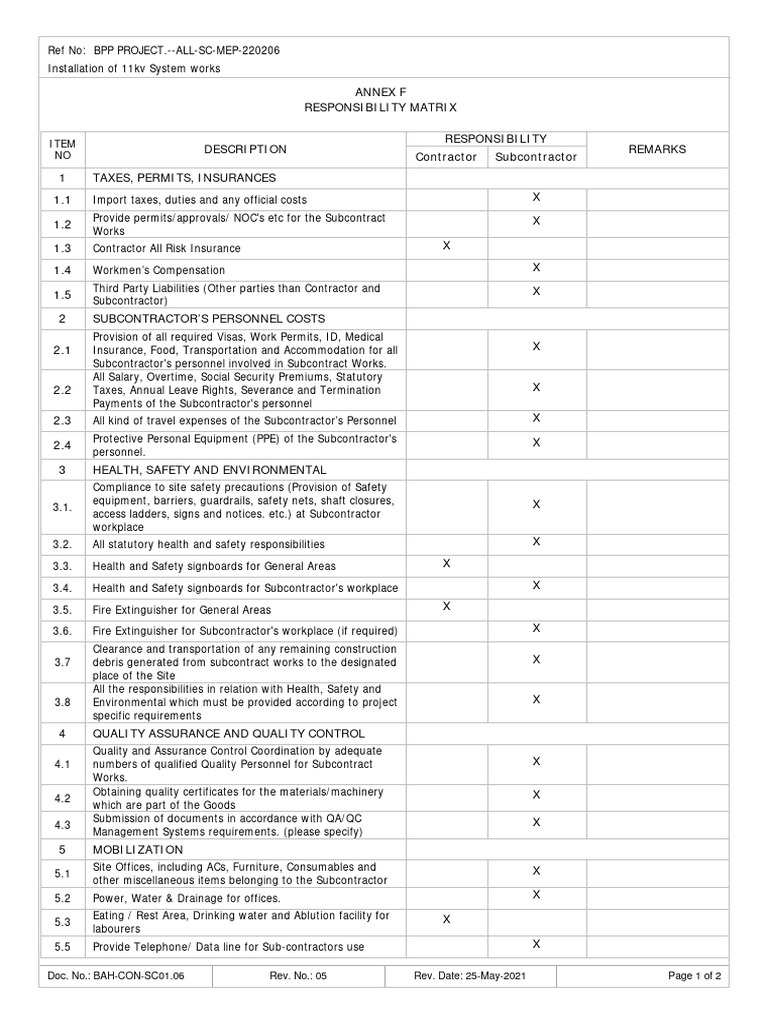 BAH CON SC01.06 Annex F Responsibility Matrix R05 v00 | PDF | Safety ...