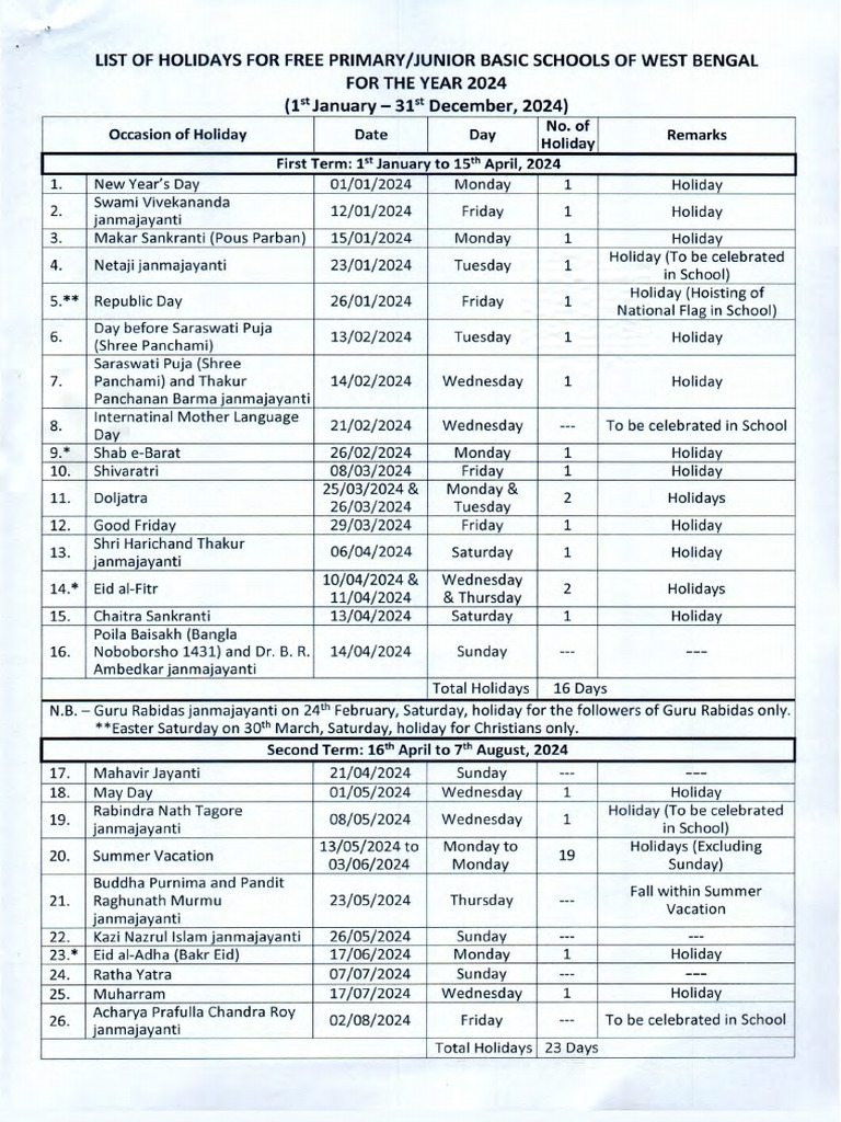 WBBPE Holiday List 2024 | PDF