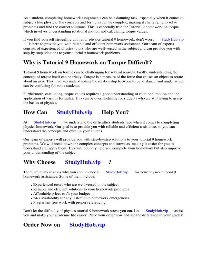 Physics Tutorial 9 Homework Torque Solutions | PDF | Force | Torque