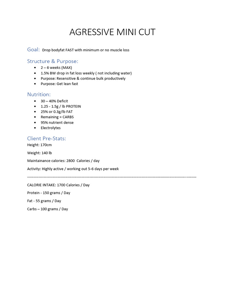 Agressive Mini Cut: Goal: Structure & Purpose | PDF