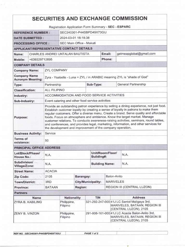 ZYL COMPANY - Application Summary | PDF