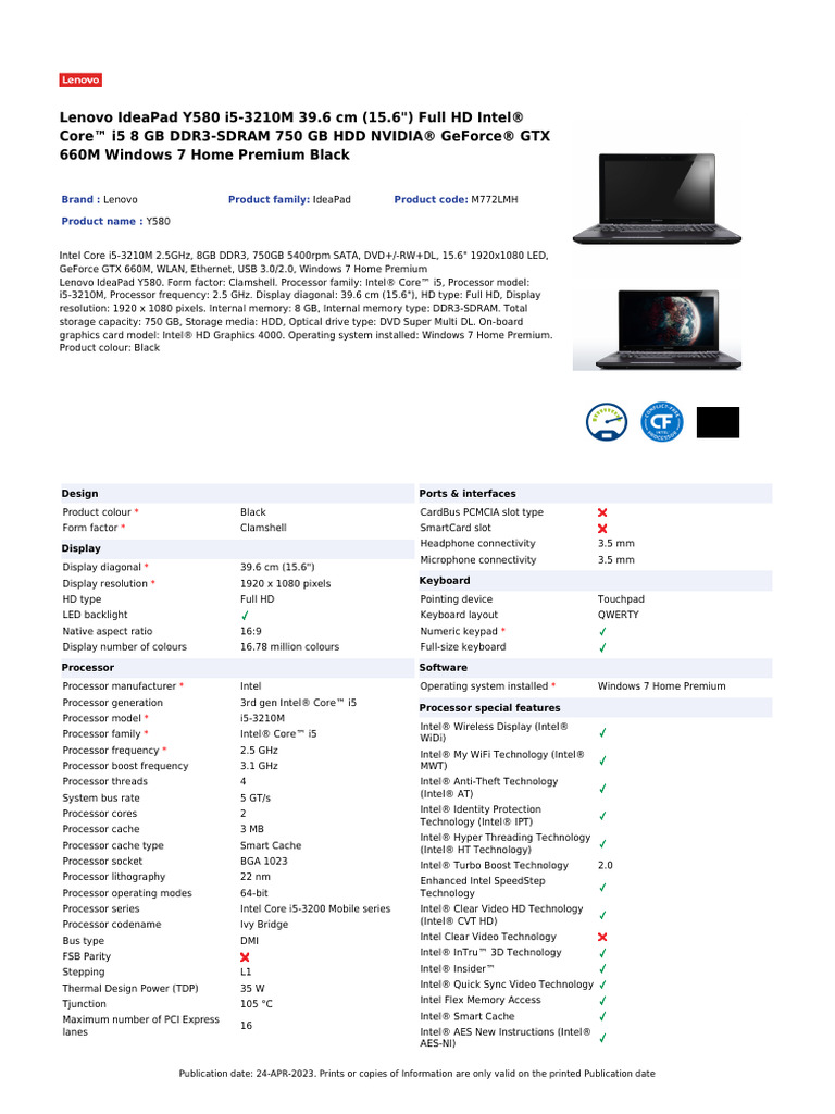 Lenovo IdeaPad Y580 I5-3210m | PDF | Computer Data Storage | Intel
