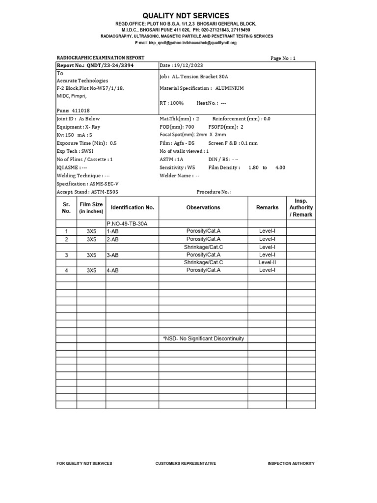 Quality NDT Services: Radiographic Examination Report | PDF ...