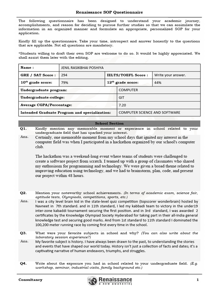 Renaissance SOP Questionnaire: Aptitude Tests, Olympiads, Competitions ...