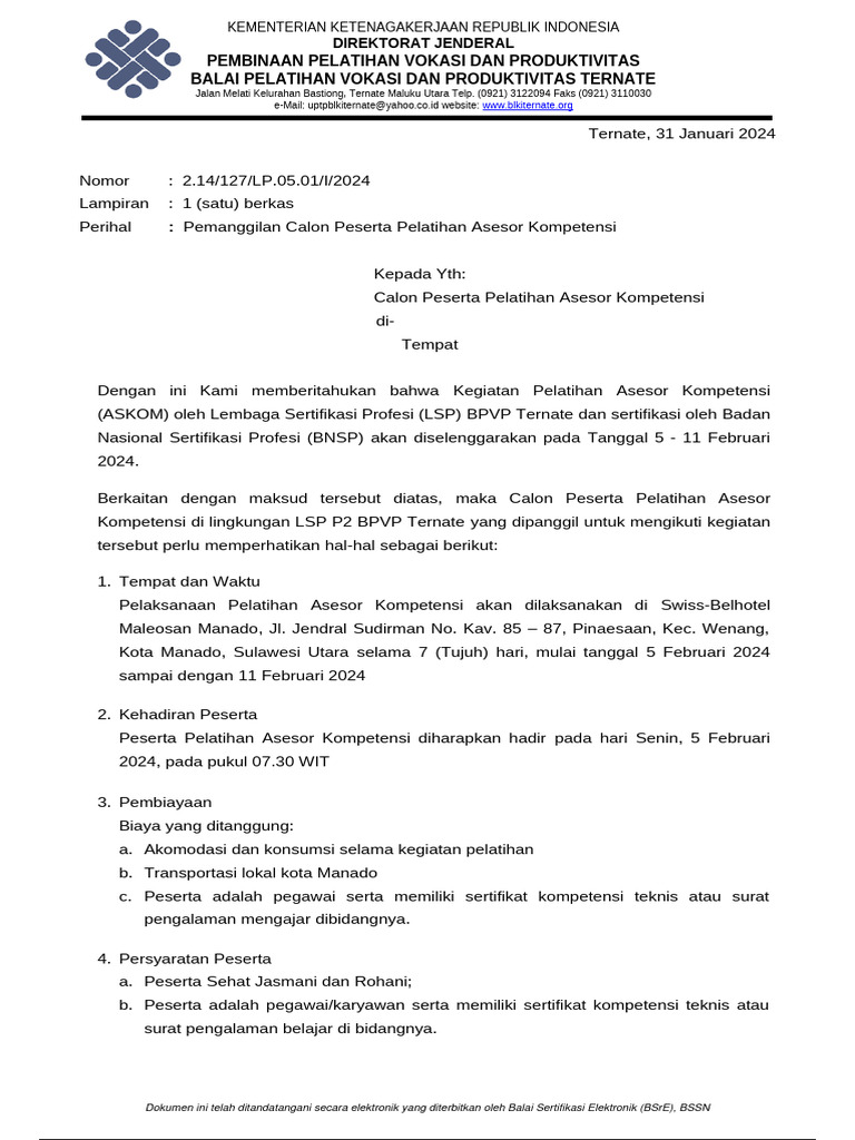 Surat Pemanggilan Peserta Asesor Kompetensi Angkatan 1 Tahun 2024 | PDF