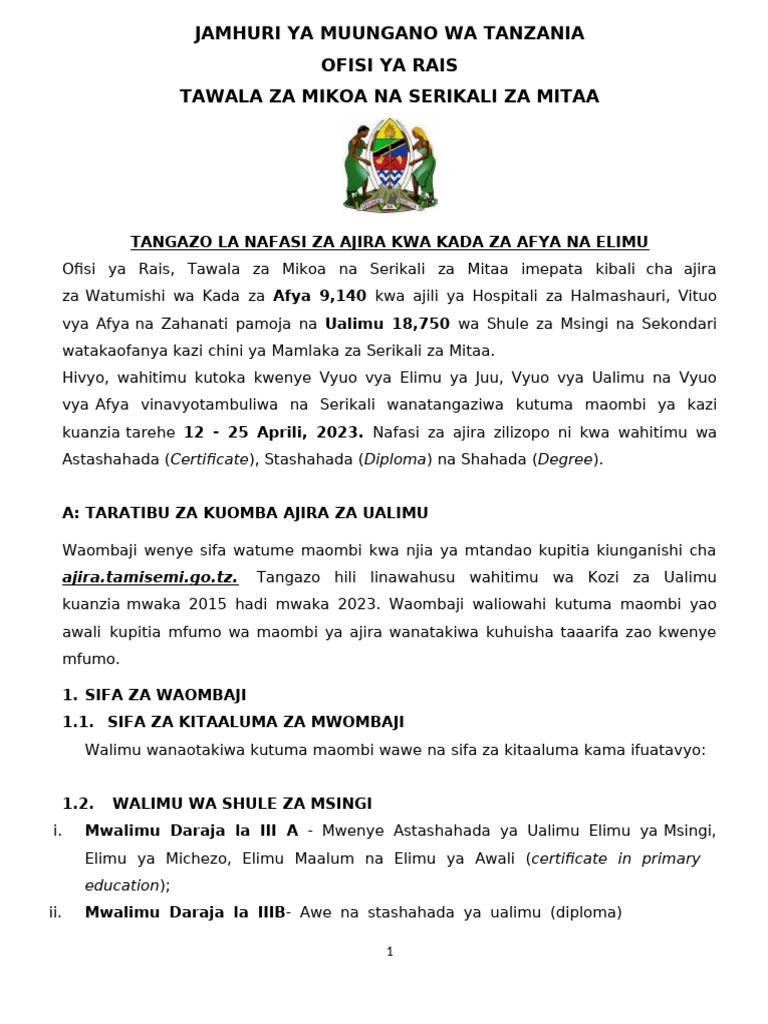 Tangazo La Ajira Ualimu Na Afya | PDF