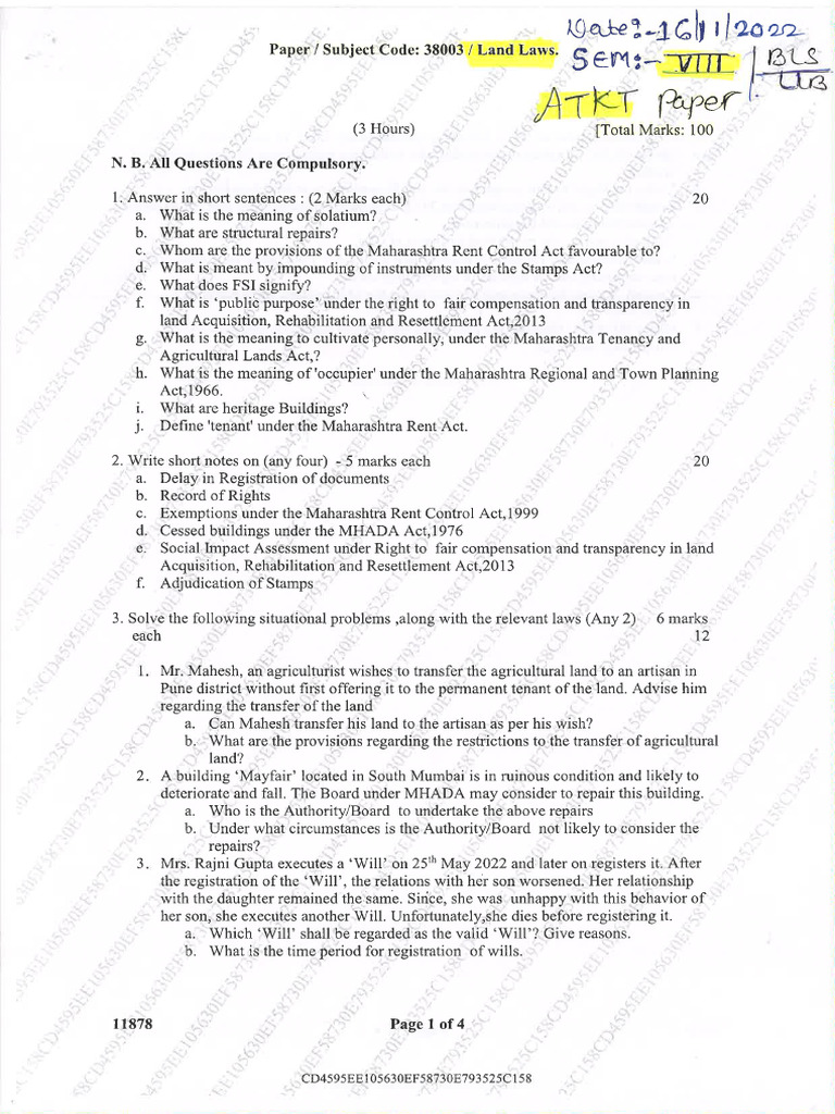 Sem Viii Land Law Atkt Paper | PDF
