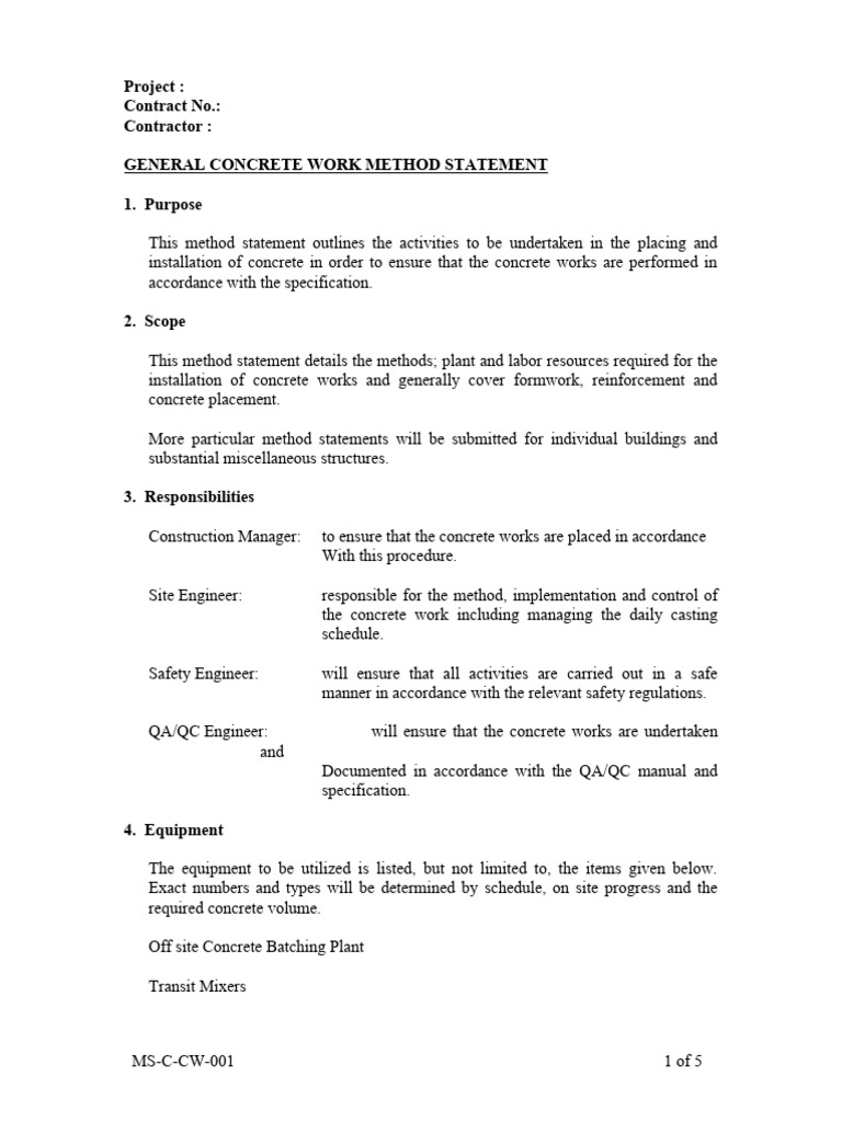 Method Statement Concrete Work | PDF | Concrete | Building Materials