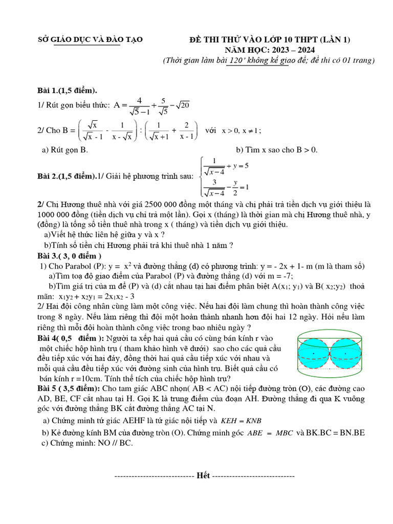 Thi Thu Toan Vao 10 Lan 1 | PDF