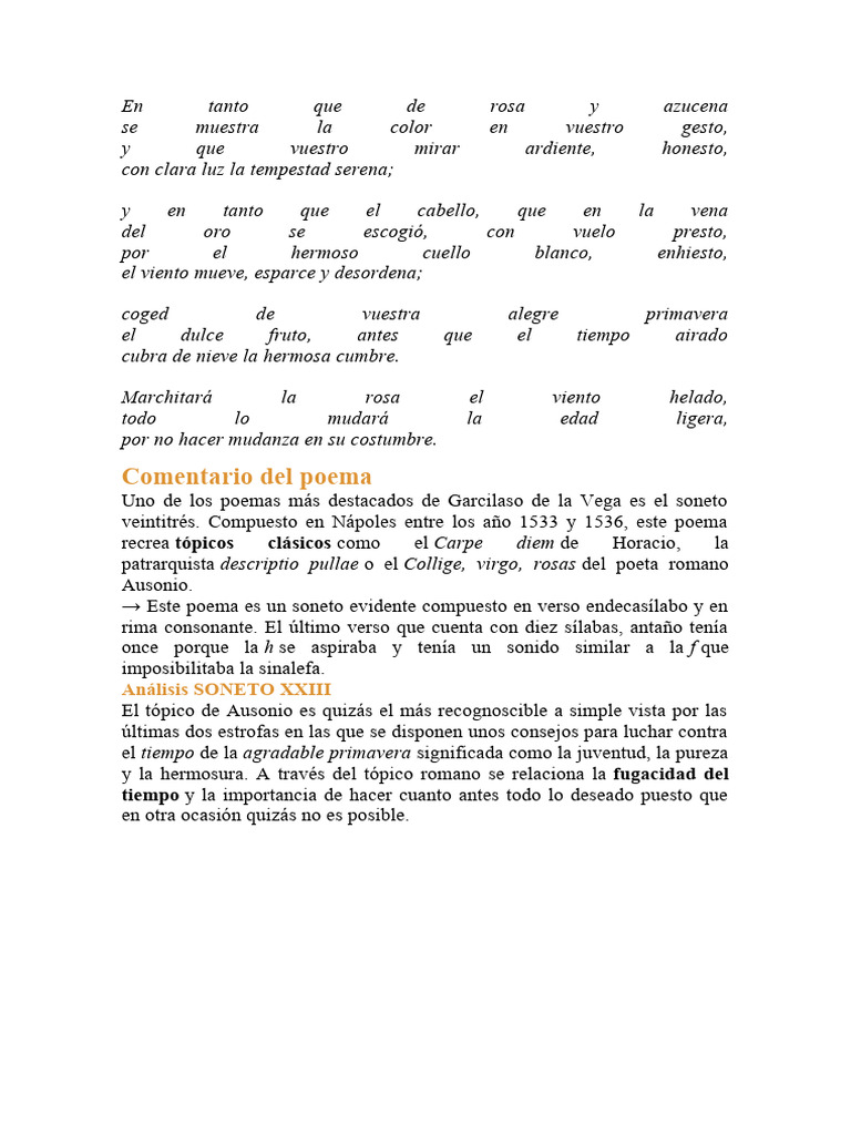 Soneto Xxiii Garcilaso de La Vega | PDF | Poesía