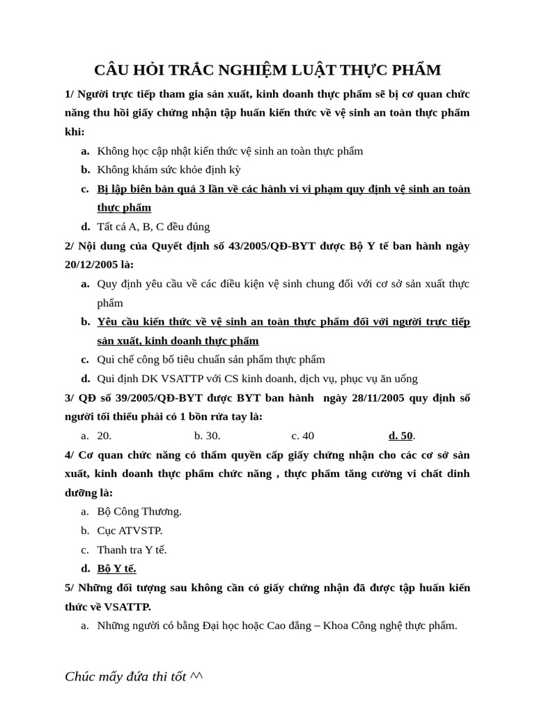 (123doc) - On-Thi-Trac-Nghiem-Luat-Thuc-Pham-Co-Dap-An | PDF