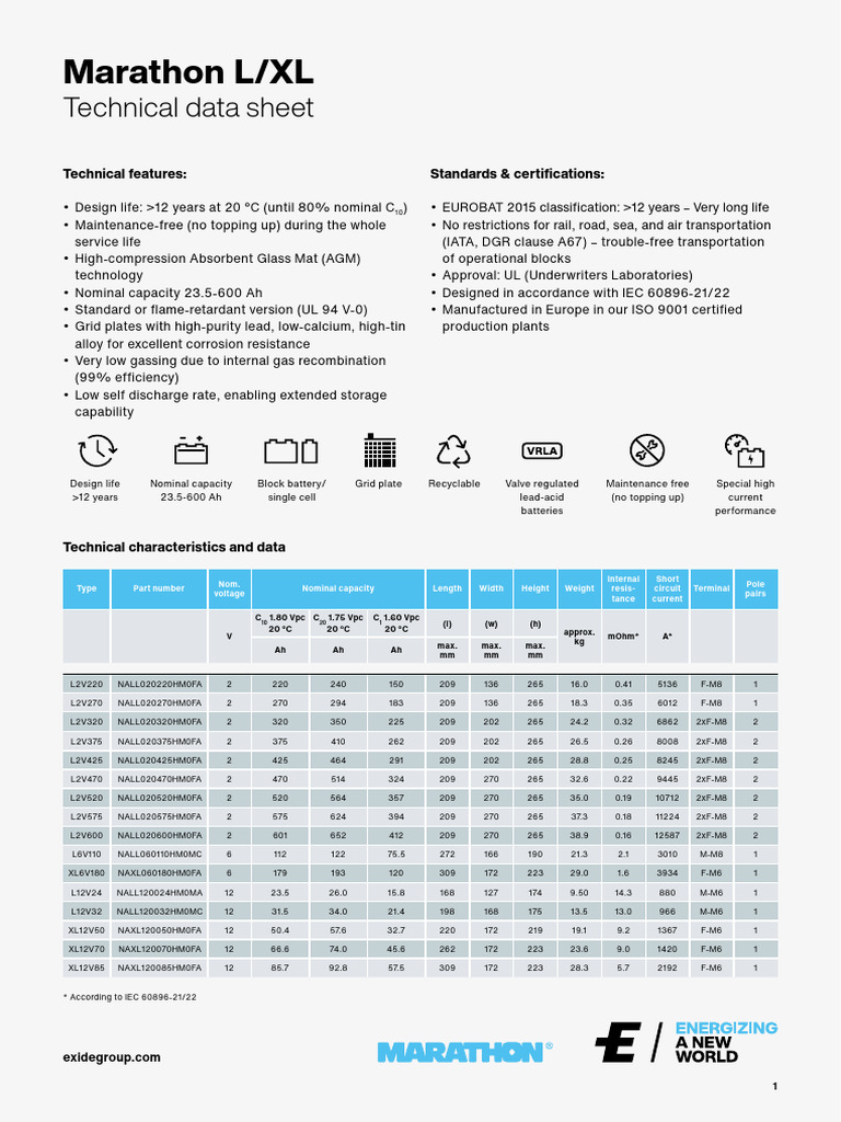 Exide Marathon L-XL Datasheet | Download Free PDF | Electricity ...