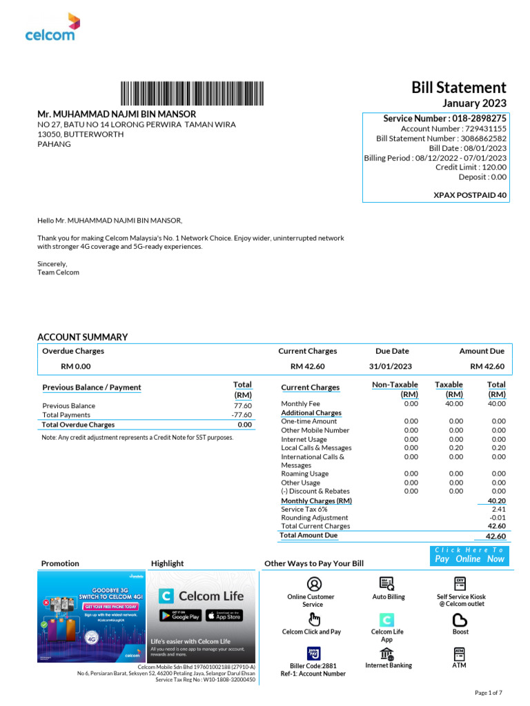 Celcom Bill Jan 2023 | PDF | Payments | Service Industries